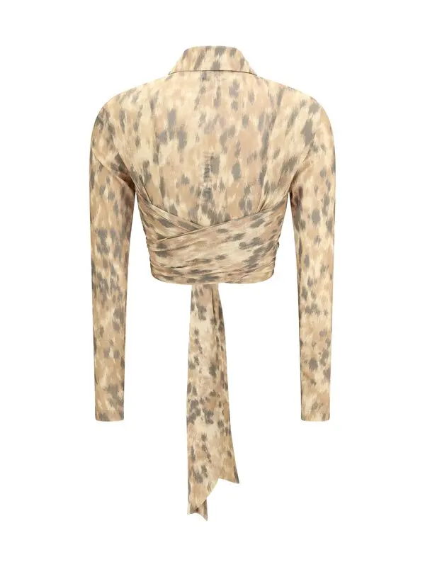 GANNI Printed Marl Mesh Tie Blouse - Cream