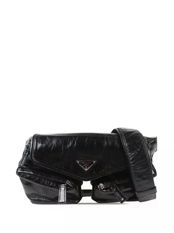 Prada 2013-2026 Crinkled Calfskin Buckle Messenger Bag Crossbody Bag - Black