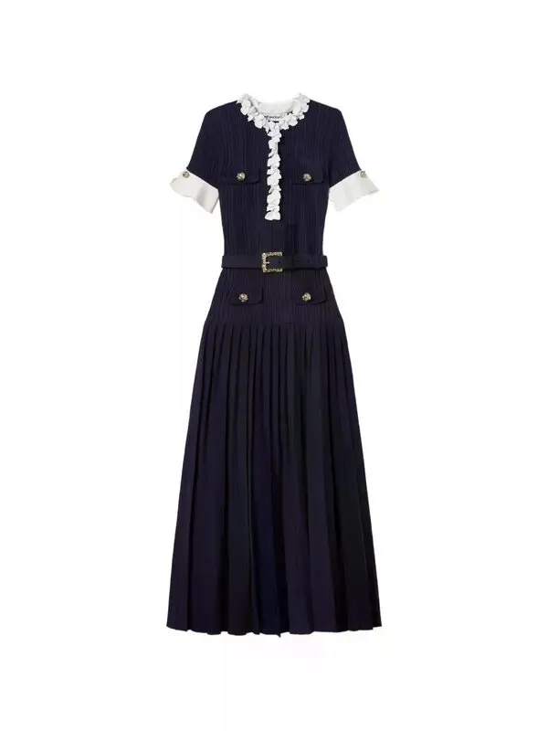 SELF-PORTRAIT Belted Floral-embellished Knitted Maxi Dress - Blue