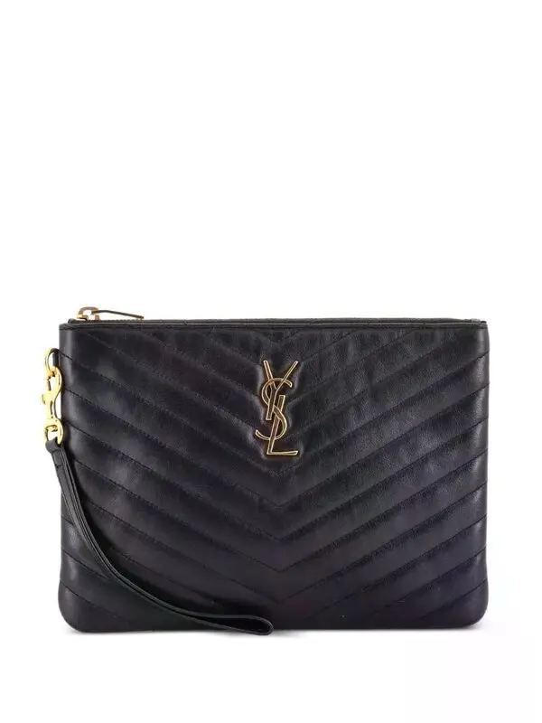 Saint Laurent Matelasse Chevron Leather Small Wristlet Pouch - Black