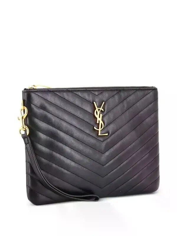 Saint Laurent Matelasse Chevron Leather Small Wristlet Pouch - Black