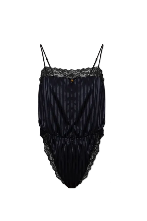 Versace Silk Bodysuit With Lace Trim - Black