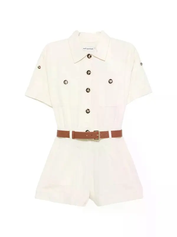 SELF-PORTRAIT Button-fastening Short-sleeve Denim Playsuit - Neutrals