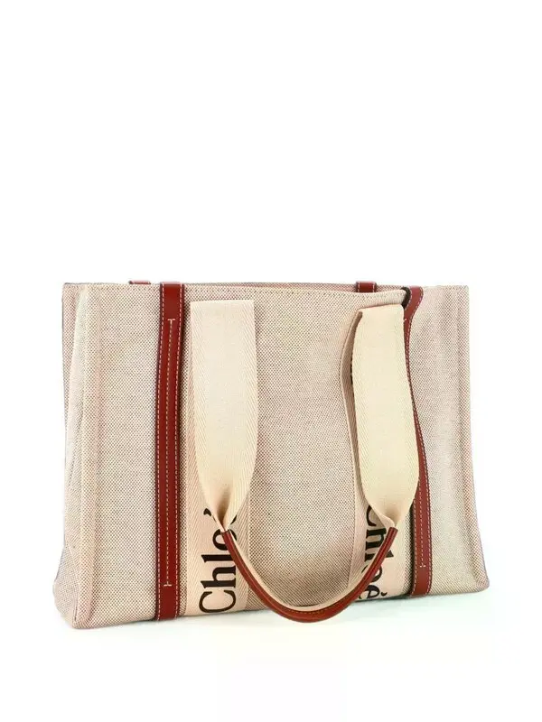Chloé Woody Canvas With Leather Medium Tote Bag - Neutrals