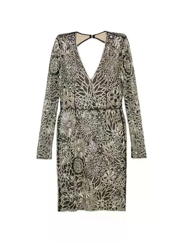 Naeem Khan Floral Beaded V-neck Dress
