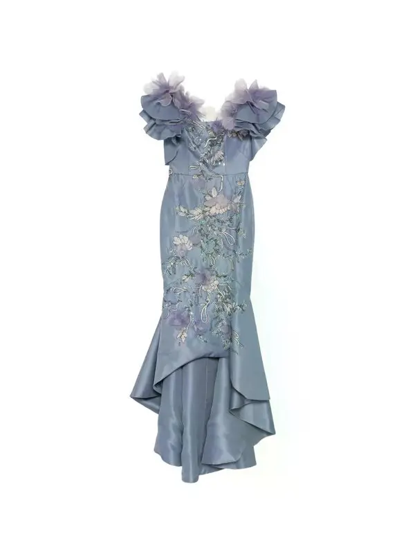 Marchesa Off-shoulder Crystal-embroidered Gown - Blue