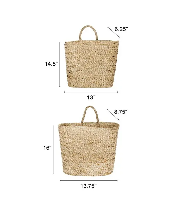 OLIVE GROVE Handwoven Seagrass Wall Mount Baskets With Handles, Set Of 2