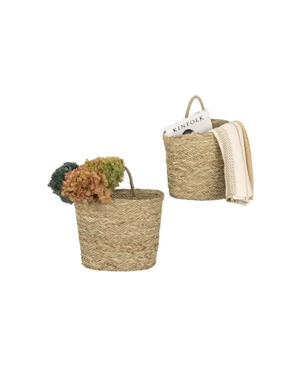 OLIVE GROVE Handwoven Seagrass Wall Mount Baskets With Handles, Set Of 2