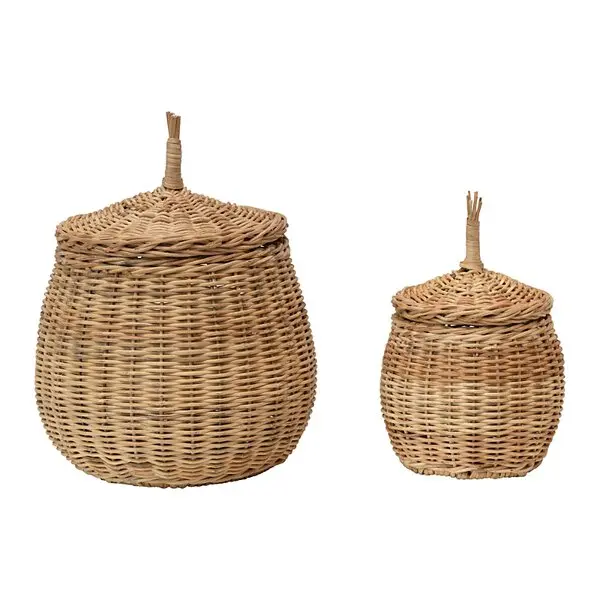 OLIVE GROVE Hand-woven Wicker Basket Storage With Lids, Set Of 2 - Natural