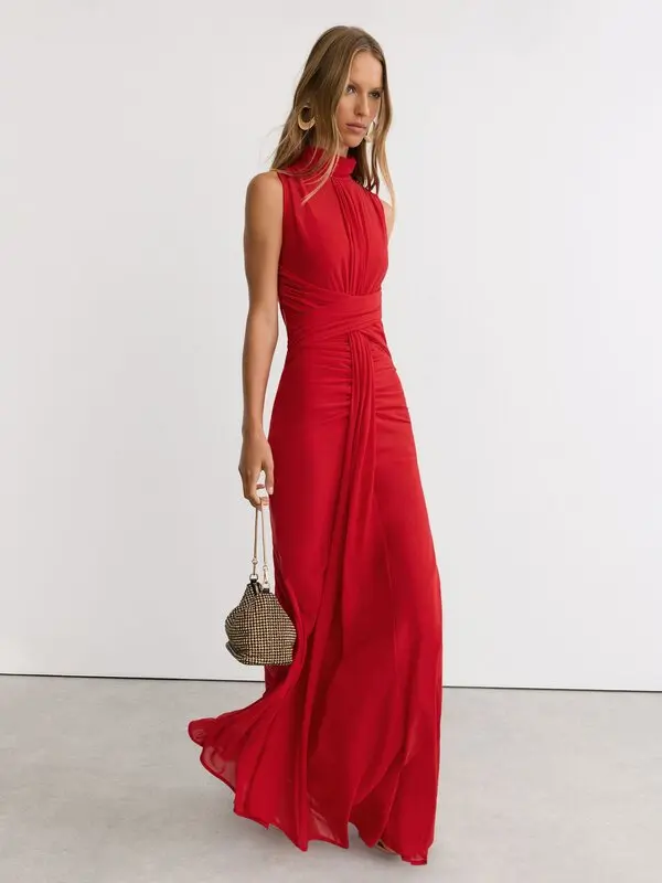 REISS Starla Petite Sheer Ruched Sleeveless Maxi Dress - Red