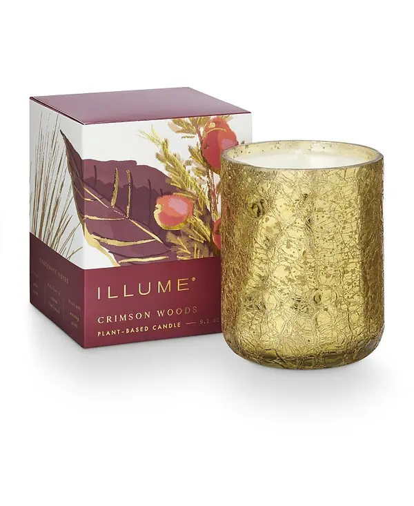 ILLUME Crimson Woods Small Boxed Crackle Glass Candle, 8.3 Oz - Gold