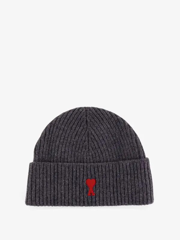 AMI Paris Virgin Wool Hat With Embroidered Logo On The Front - Grey