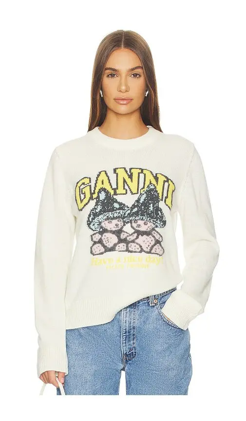 GANNI Mushroom Teddy Wool Sweater In Cream