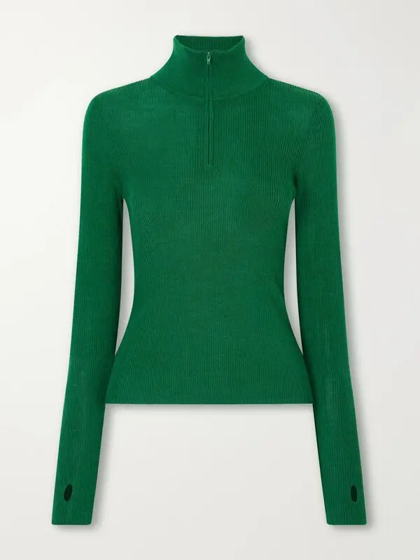 THE FRANKIE SHOP Ribbed Half-zip Wool And Silk-blend Sweater - Green