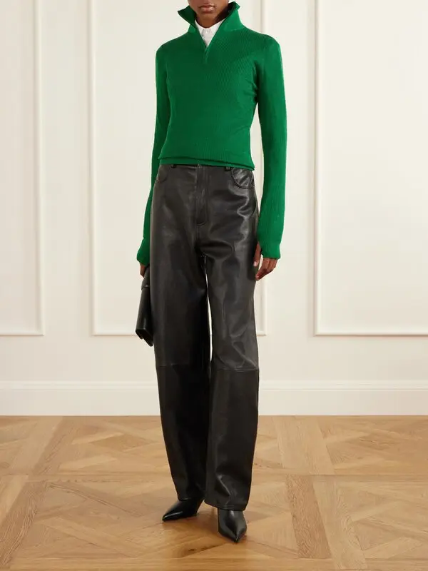 THE FRANKIE SHOP Ribbed Half-zip Wool And Silk-blend Sweater - Green