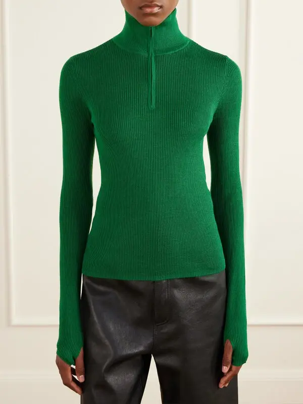 THE FRANKIE SHOP Ribbed Half-zip Wool And Silk-blend Sweater - Green