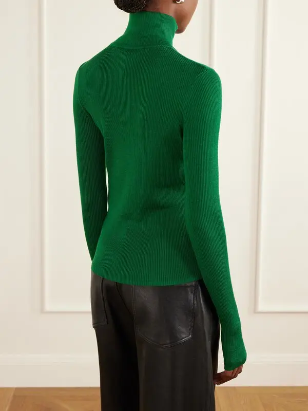 THE FRANKIE SHOP Ribbed Half-zip Wool And Silk-blend Sweater - Green