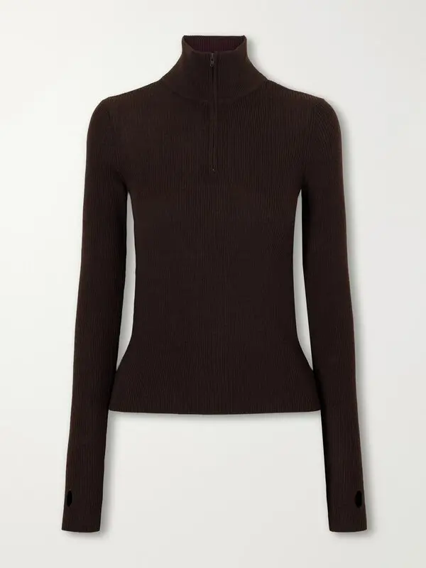 THE FRANKIE SHOP Sade Ribbed Wool And Silk-blend Half-zip Sweater - Brown