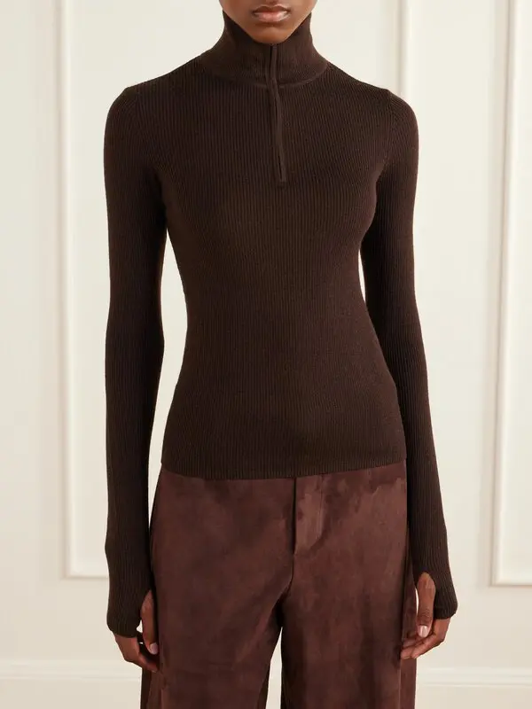 THE FRANKIE SHOP Sade Ribbed Wool And Silk-blend Half-zip Sweater - Brown