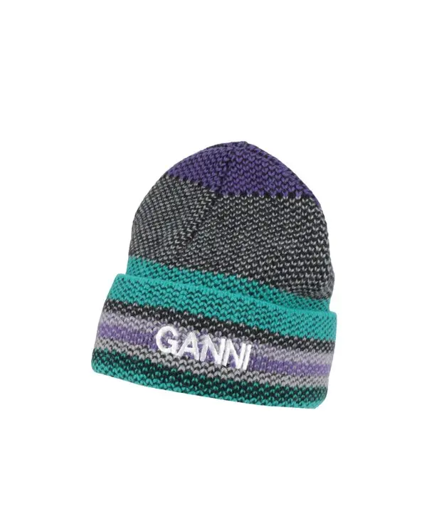 GANNI Striped Knit Beanie - Green