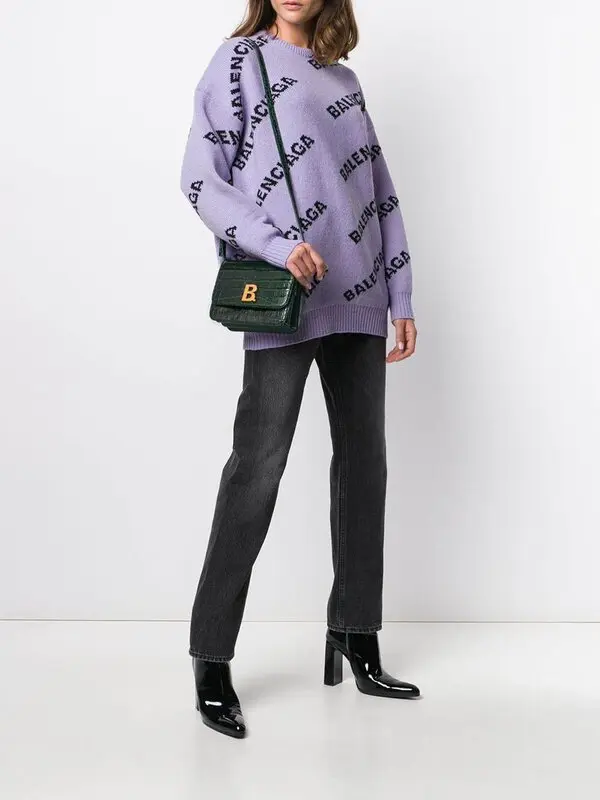 Balenciaga Logo Plaque Crocodile Effect Crossbody Bag