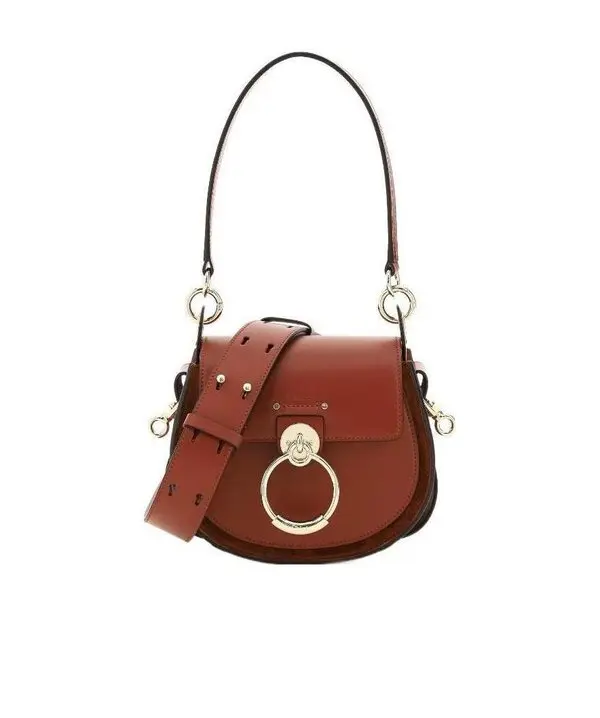 Chloé Tess Logo Embossed Ring Embellished Shoulder Bag - Brown
