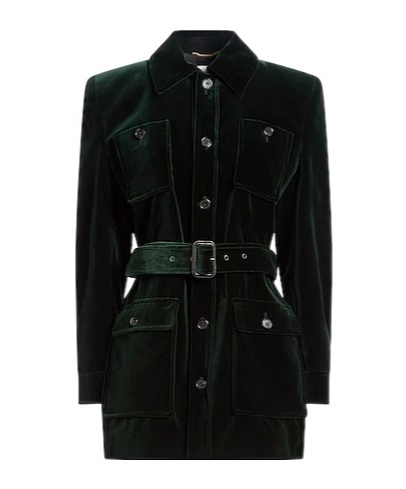 Saint Laurent Velvet Long-sleeve Blazer With Belt - Green