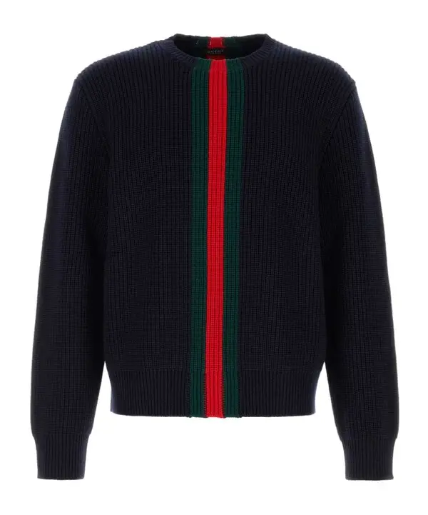 Gucci Fine Rib Wool Sweater With Web Detail - Dark Blue