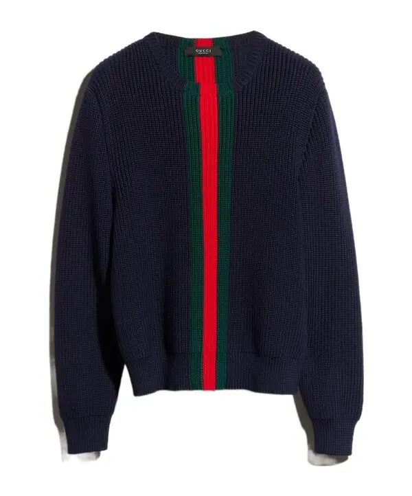 Gucci Fine Rib Wool Sweater With Web Detail - Dark Blue