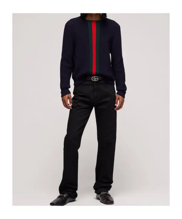 Gucci Fine Rib Wool Sweater With Web Detail - Dark Blue