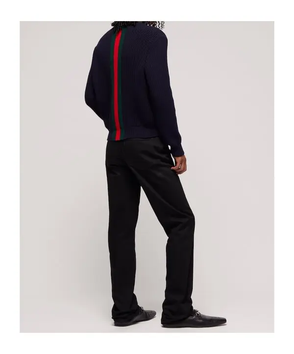 Gucci Fine Rib Wool Sweater With Web Detail - Dark Blue