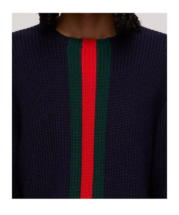Gucci Fine Rib Wool Sweater With Web Detail - Dark Blue