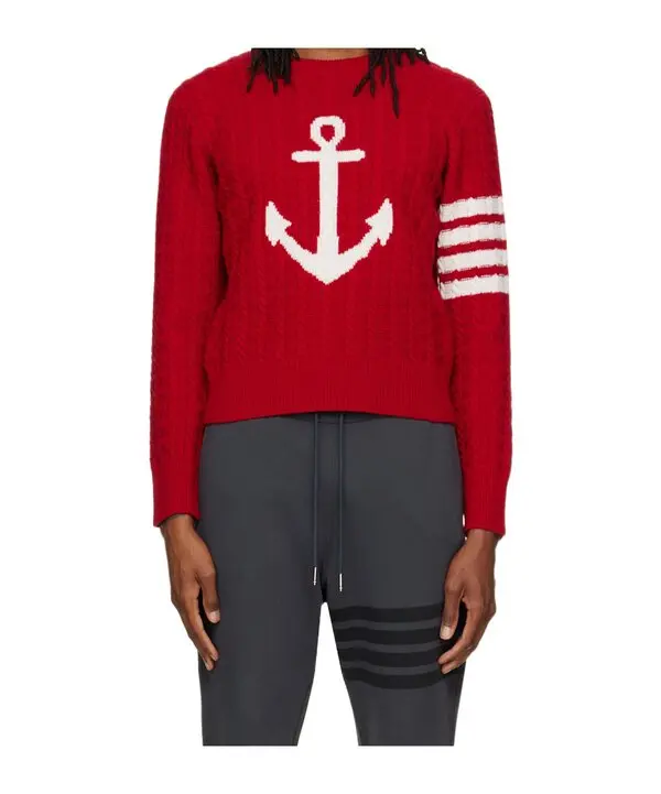 Thom Browne Merino Wool 4-bar Intarsia Anchor Sweater - Red
