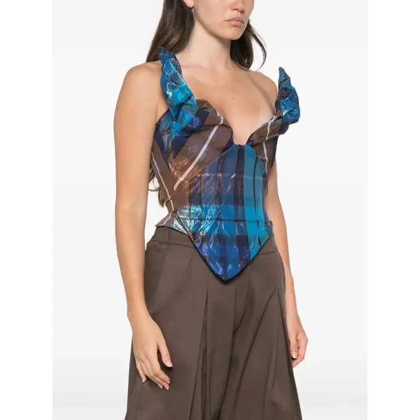 VIVIENNE WESTWOOD Metallic Sheen Plaid Corset Top - Bluebrown