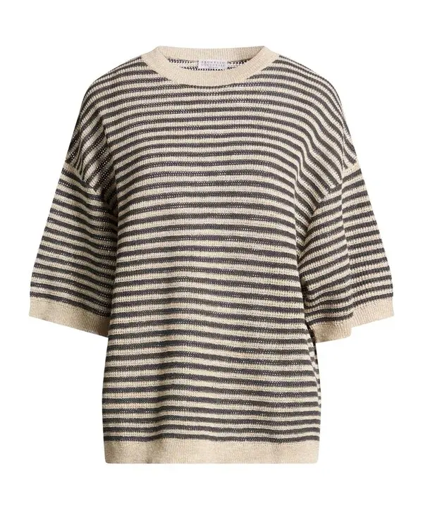 Brunello Cucinelli Striped Metallic Shortsleeve Knit Sweater