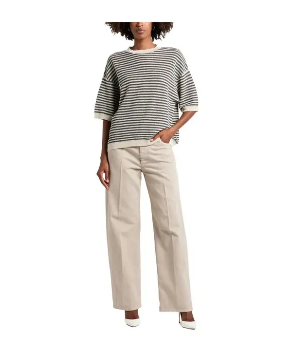 Brunello Cucinelli Striped Metallic Shortsleeve Knit Sweater