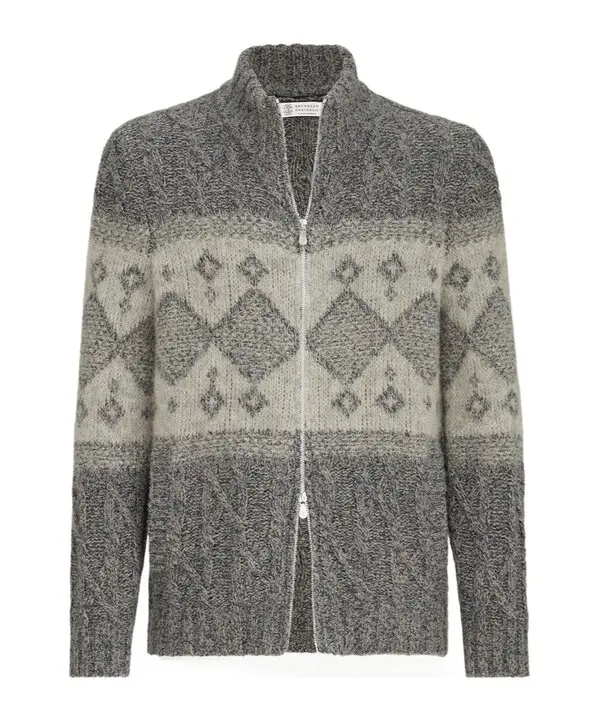 Brunello Cucinelli Virgin Wool, Silk And Cashmere Chiné Cable Knit Cardigan With Intarsia - Cerulean