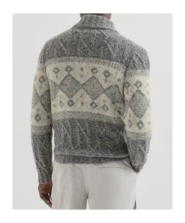 Brunello Cucinelli Virgin Wool, Silk And Cashmere Chiné Cable Knit Cardigan With Intarsia - Cerulean