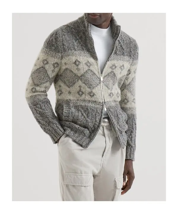 Brunello Cucinelli Virgin Wool, Silk And Cashmere Chiné Cable Knit Cardigan With Intarsia - Cerulean