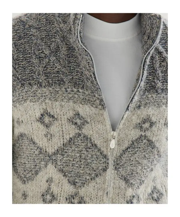 Brunello Cucinelli Virgin Wool, Silk And Cashmere Chiné Cable Knit Cardigan With Intarsia - Cerulean