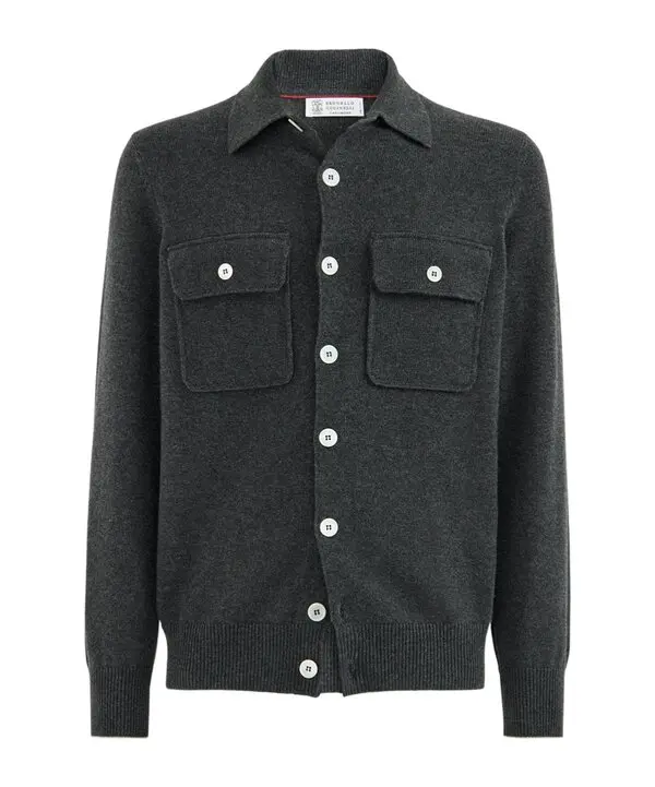 Brunello Cucinelli Cashmere Shirt-style Cardigan With Chest Pockets - Stone Gray