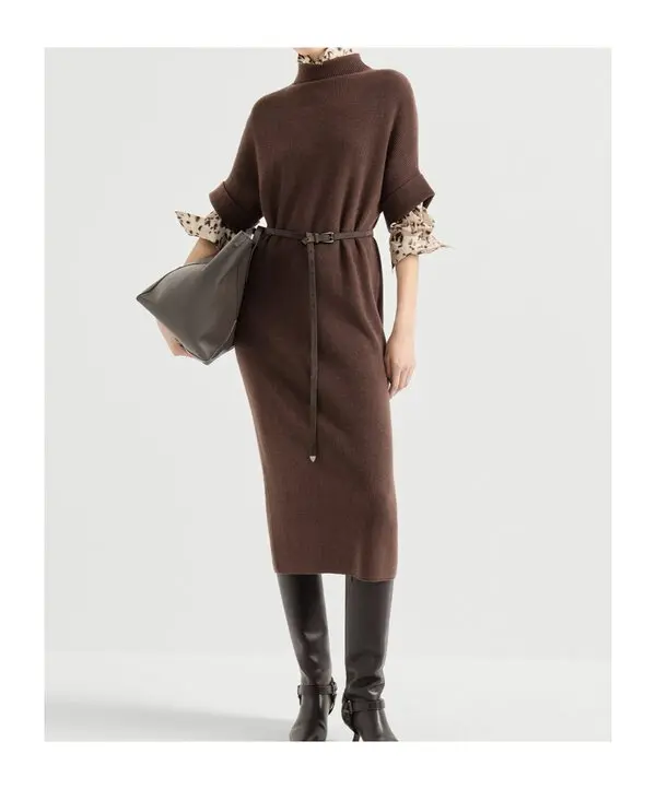 Brunello Cucinelli Cashmere Rib Knit Mock Neck Dress