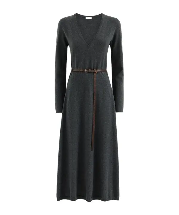 Brunello Cucinelli Cashmere Knit Dress With Belt And Monili - Lead