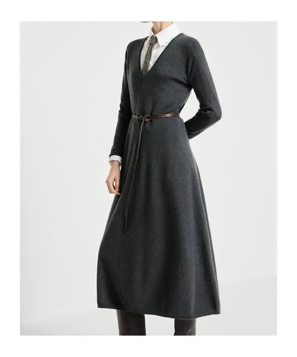 Brunello Cucinelli Cashmere Knit Dress With Belt And Monili