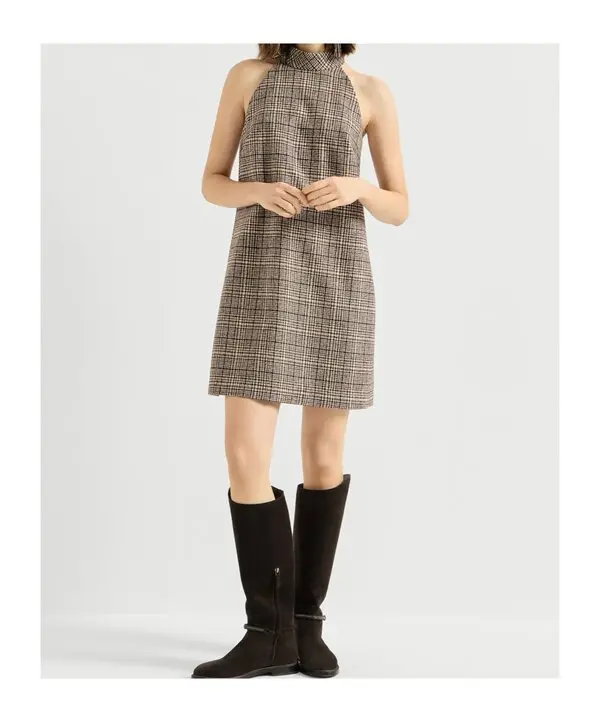 Brunello Cucinelli Checked Alpaca And Wool Dress With Monili