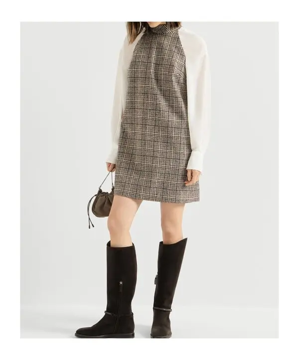 Brunello Cucinelli Checked Alpaca And Wool Dress With Monili