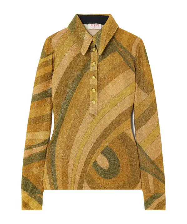 Emilio Pucci Printed Metallic Jersey Polo Shirt - Gold