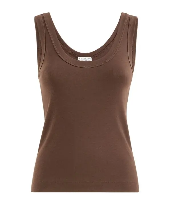 Brunello Cucinelli Stretch Cotton Ribbed Jersey Top With Monili
