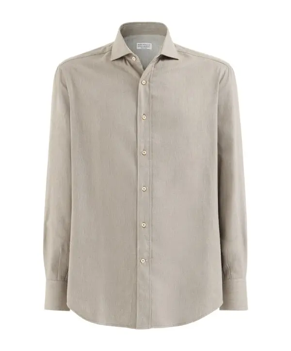 Brunello Cucinelli Stretch Cotton Chevron Flannel Shirt With Spread Collar