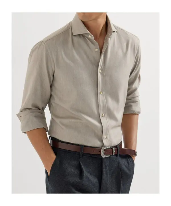 Brunello Cucinelli Stretch Cotton Chevron Flannel Shirt With Spread Collar